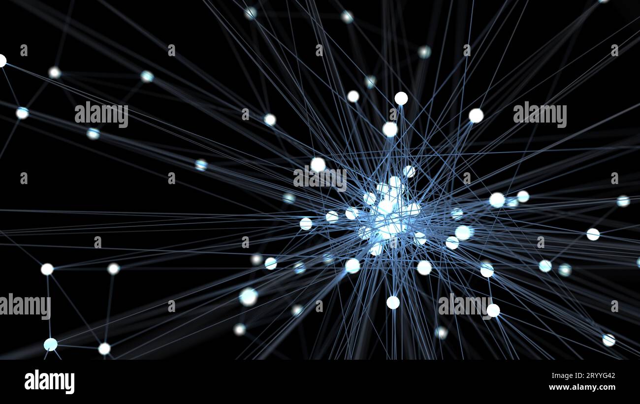 Abstract blue futuristic technology network node. Cable data line transmission links and ...