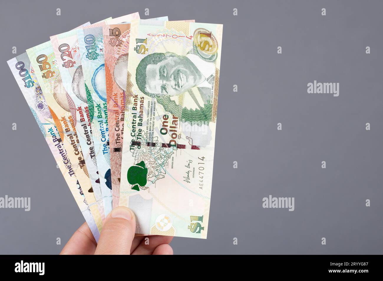 Bahamian money in the hand on a gray background Stock Photo - Alamy