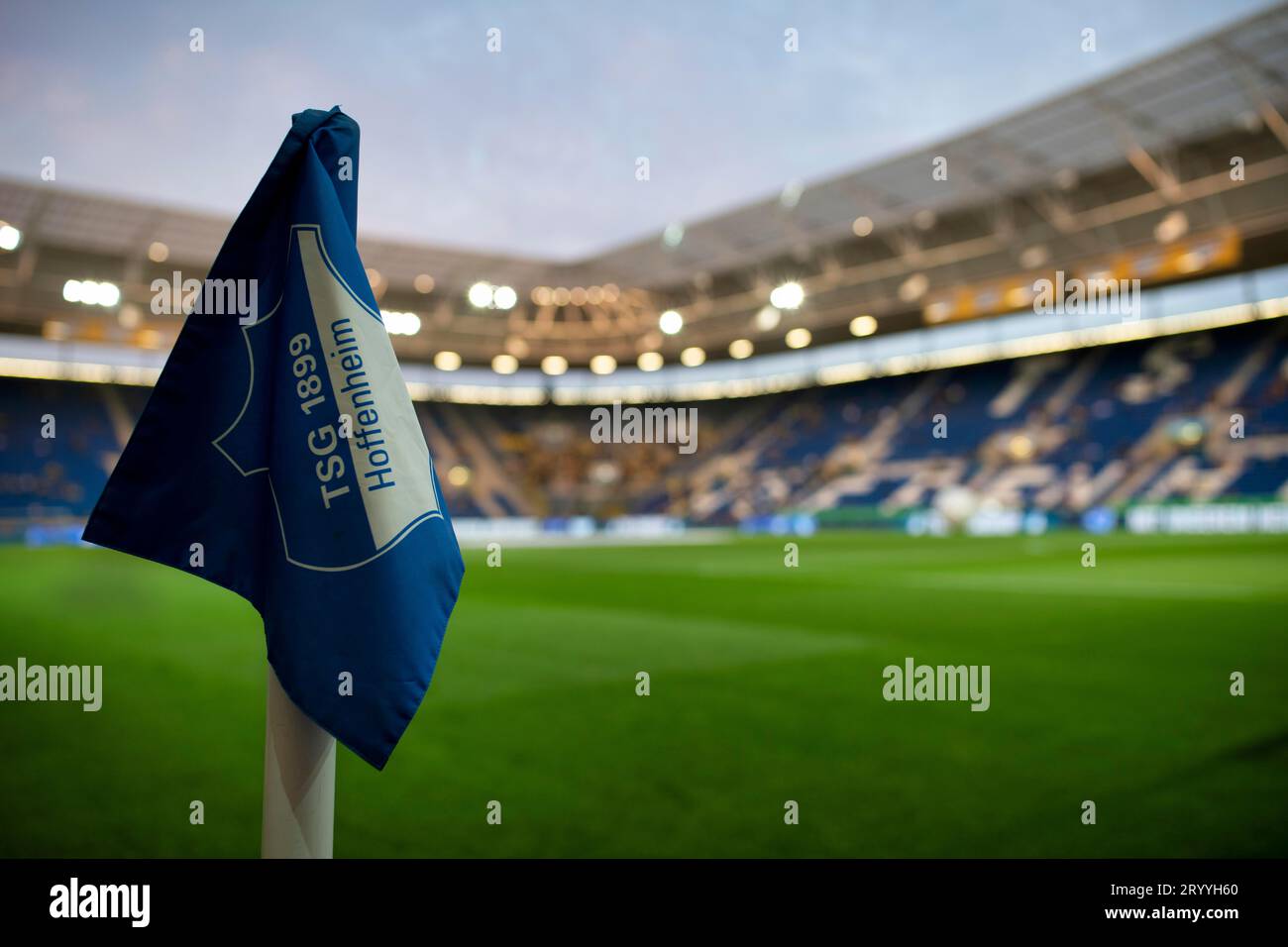 Corner flag, turf, grandstand, logo, PreZero Arena, Sinsheim, Baden ...