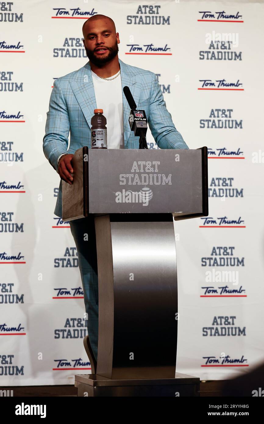 Dallas Cowboys quarterback Dak Prescott participates in a post-game ...