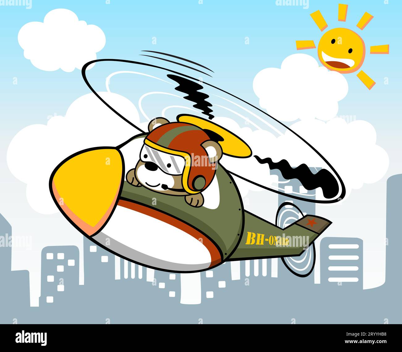 Cute bear wearing pilot helmet on helicopter, flying on buildings ...