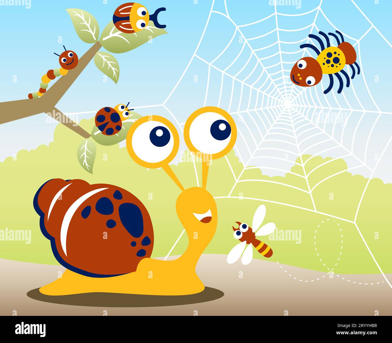 Cute snail with funny bugs, vector cartoon illustration Stock Vector ...