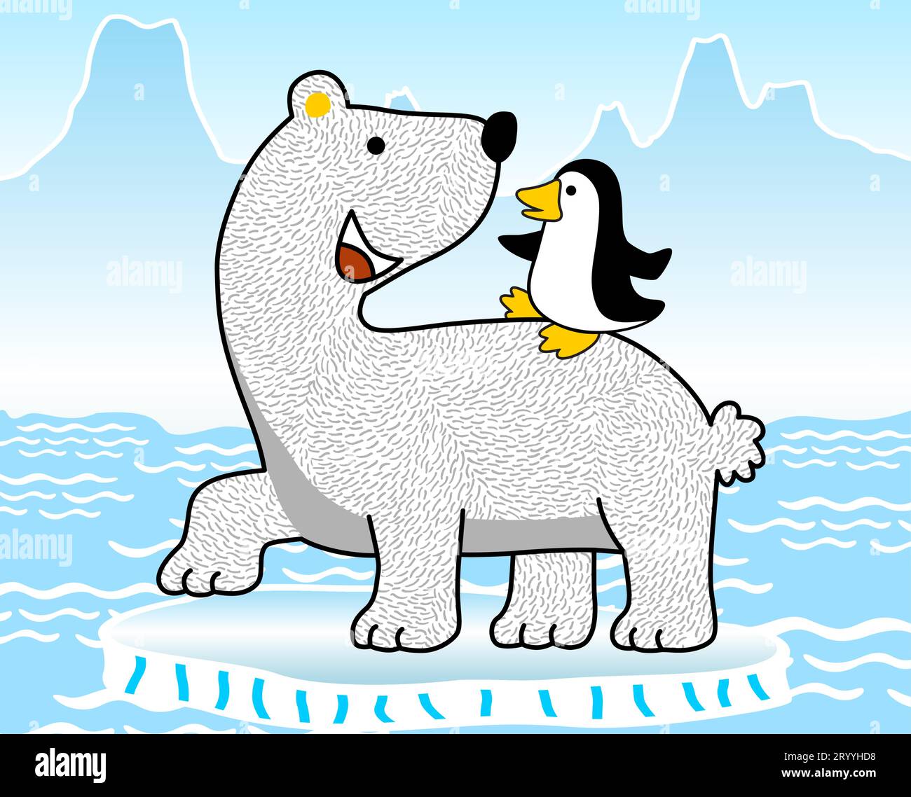 Funny polar bear with little penguin on ice chunk, vector cartoon ...