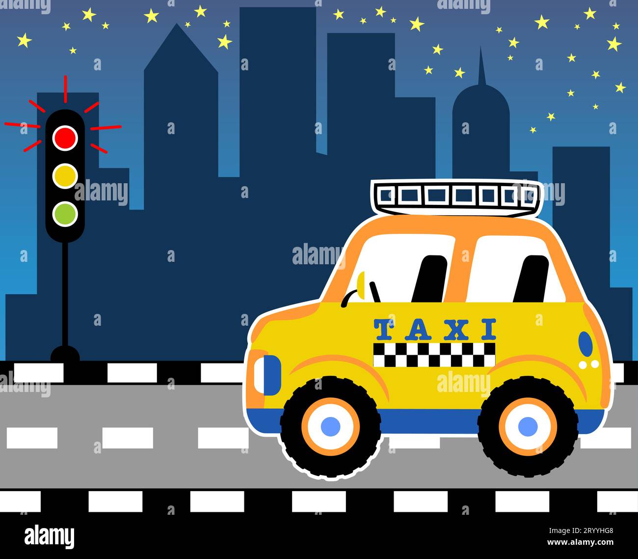vector cartoon of yellow taxi in city road at night with stoplight ...