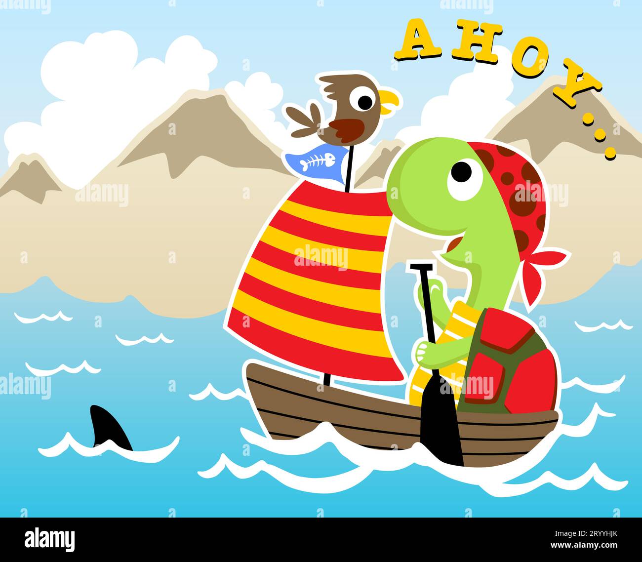 Funny turtle and bird on sailboat, shark fin in water, mountains ...