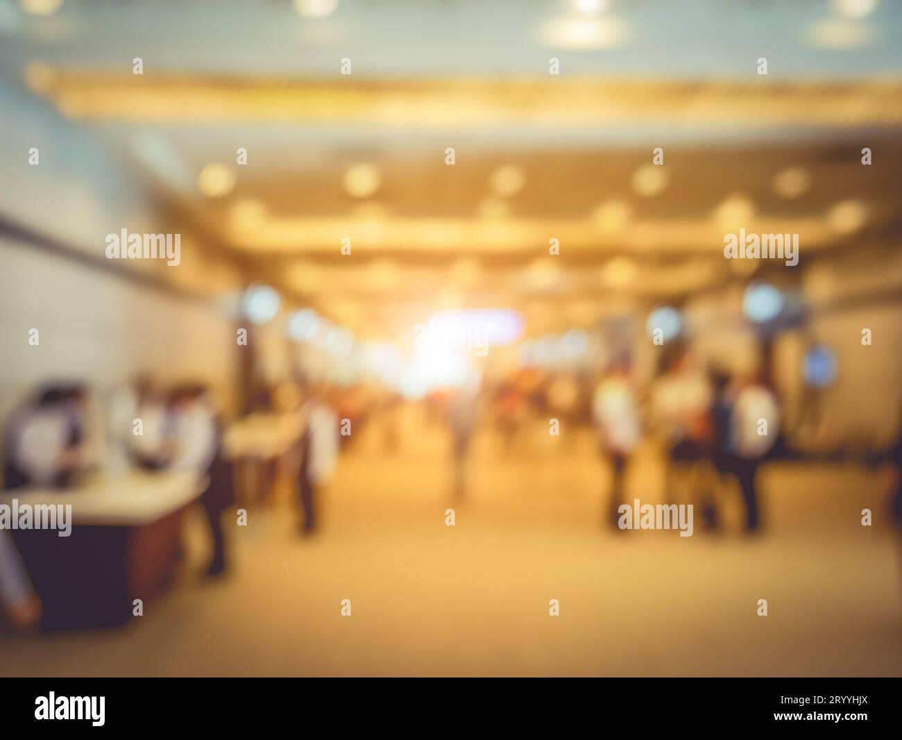 Blurry background of exhibition expo with crowd people in convention ...