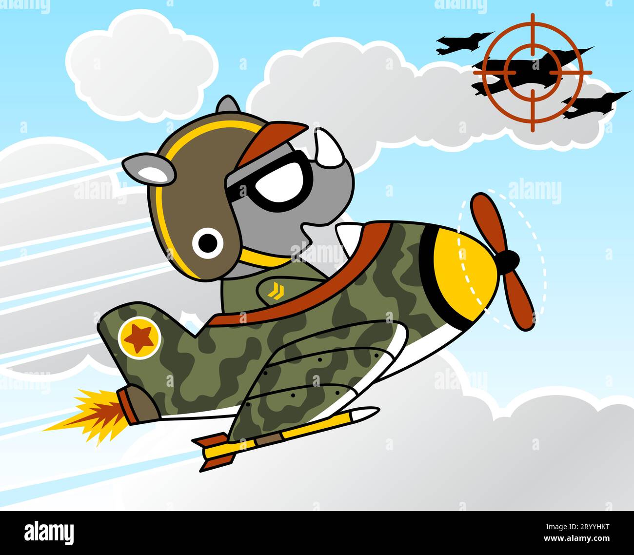 Funny rhino wearing pilot helmet on fighter jet on blue sky background ...