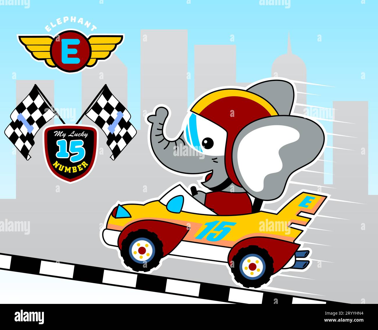 Funny elephant driving racing car on buildings background, vector ...