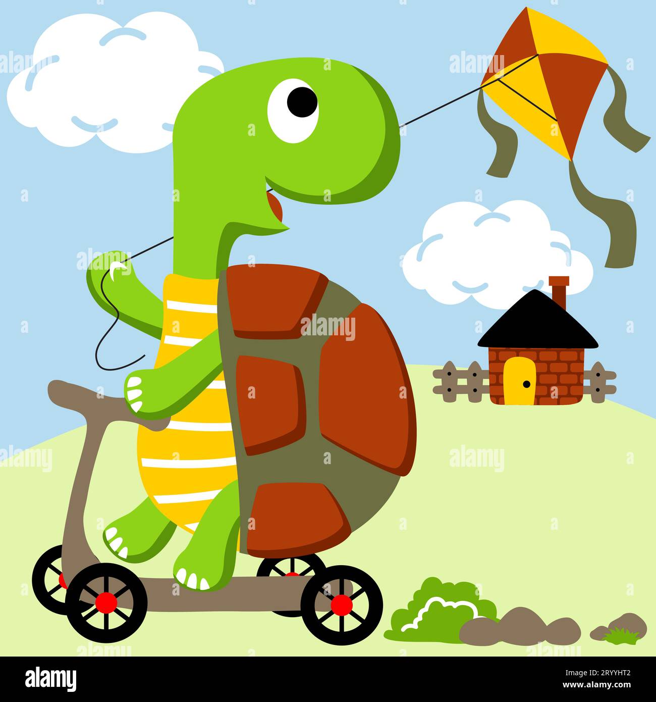 Cute turtle riding scooter while playing kite, vector cartoon ...