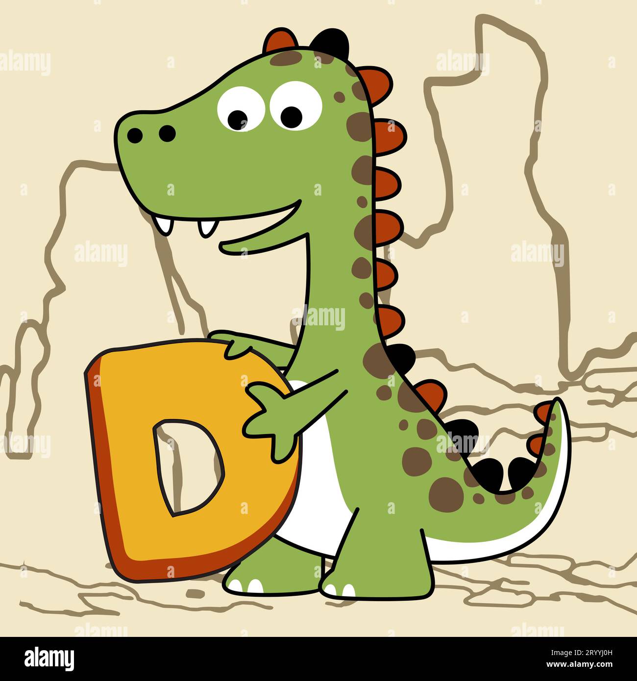 A dinosaurs with letter on mountains background, vector cartoon ...