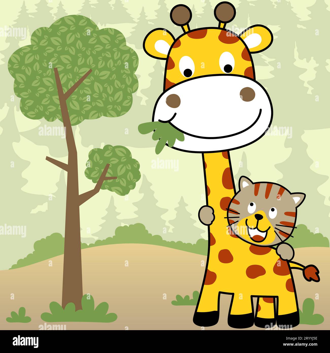Cute giraffe and tiger in forest, vector cartoon illustration Stock ...