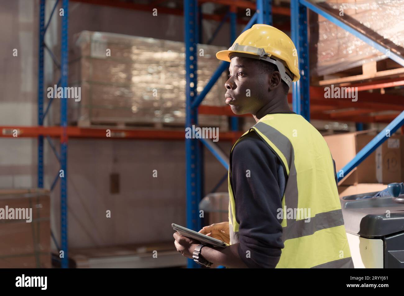 Portrait of warehouse workers in a large warehouse with their own ...