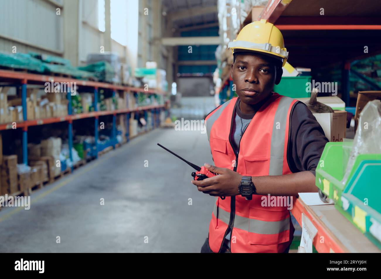 Portrait of warehouse workers in a large warehouse with their own ...