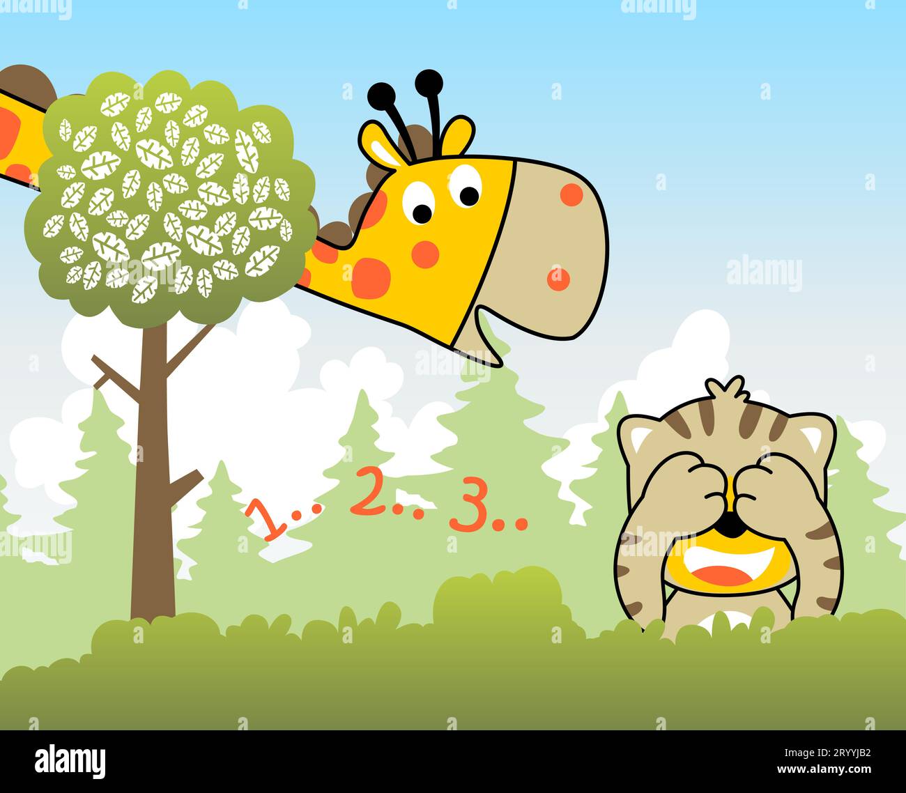 Vector cartoon illustration, tiger and giraffe playing hide and seek in ...