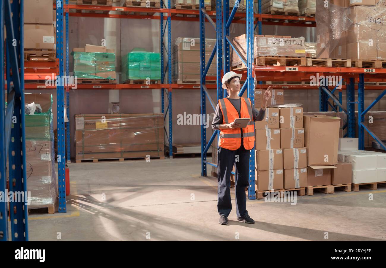 Portrait of warehouse supervisor in a large warehouse with their own ...