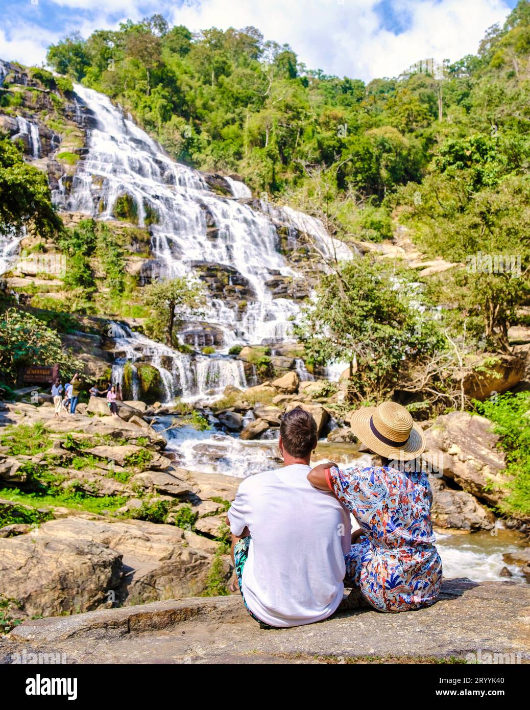 Couple visit Mae Ya Waterfall Doi Inthanon national park Thailand ...