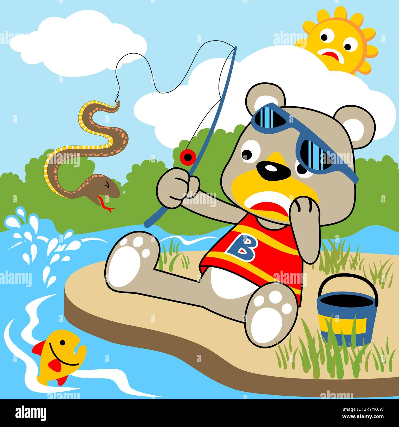 Funny bear fishing in a swamp get a snake, humor cartoon vector ...