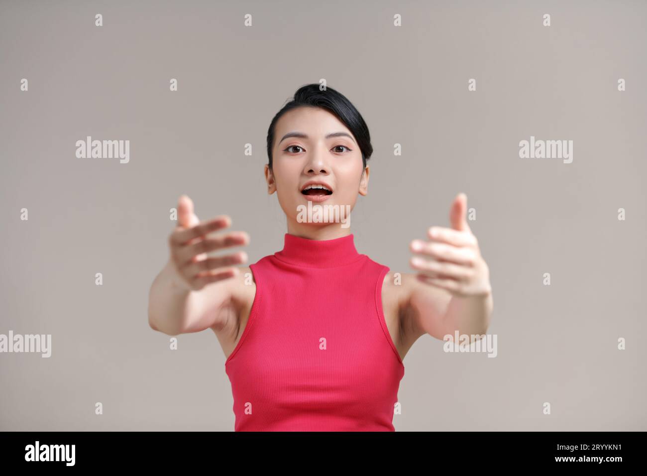 Pretty woman beaming smile raise opened arms welcome you isolated on ...