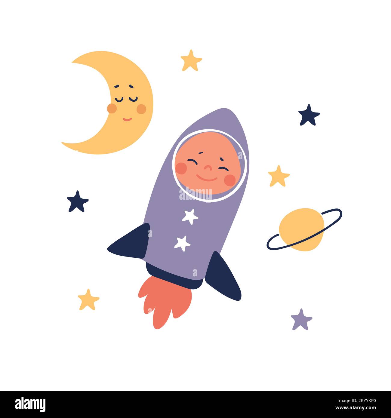 Baby flying in a rocket among the stars, planets and the moon, funny ...