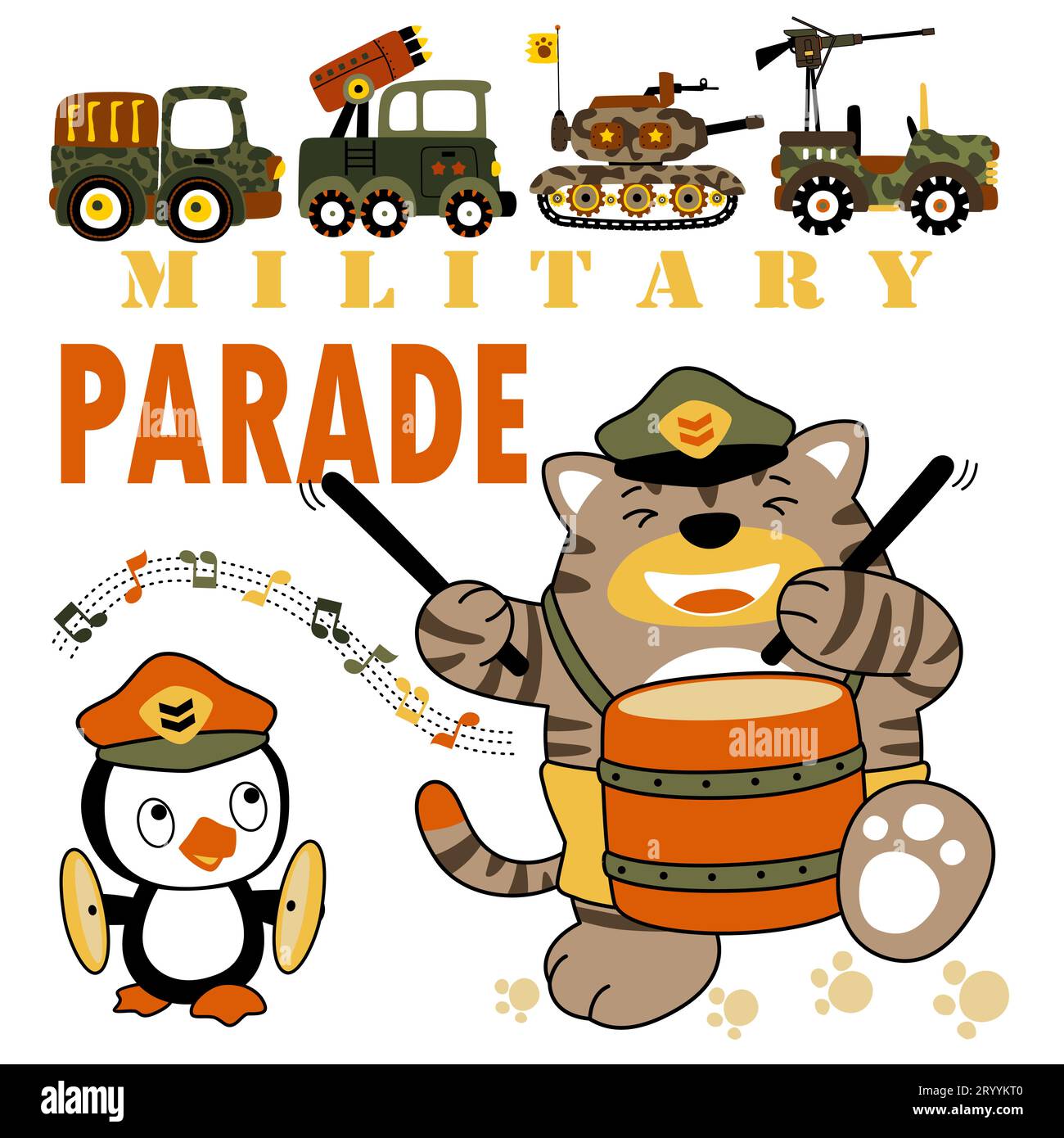 Cute penguin and cat playing musical instrument in military parade, t ...