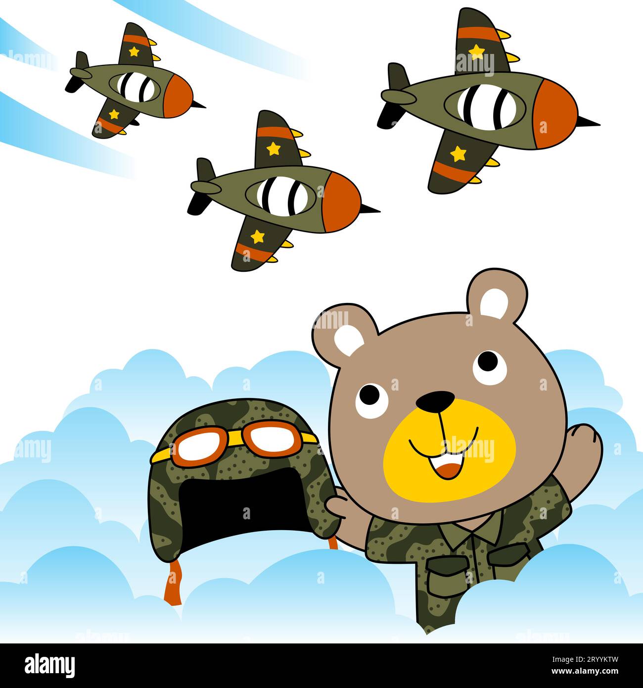 Cute bear in soldier costume at warplane air show, t shirt design ...