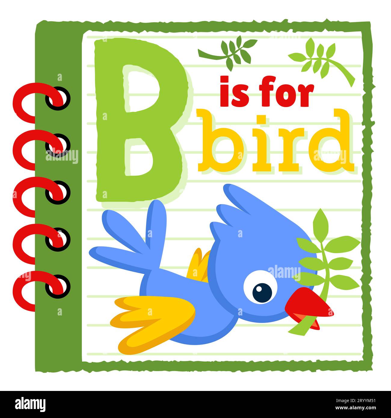 Cute bird carrying leaf in notebook frame, education cartoon for kids ...