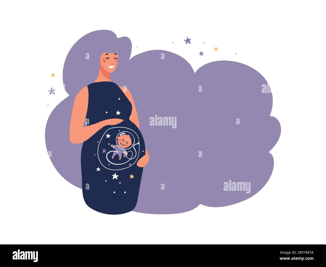 Pregnant woman hugging her belly with baby in uterus, funny flat ...