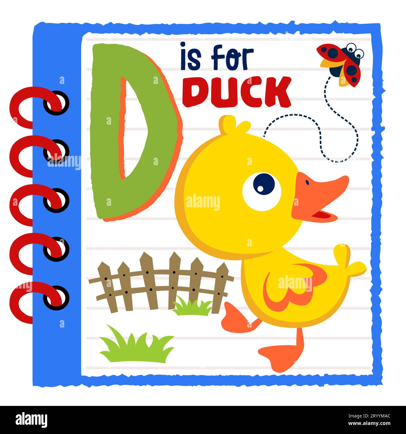 Cute duck with ladybug in notebook frame, education cartoon for kids ...