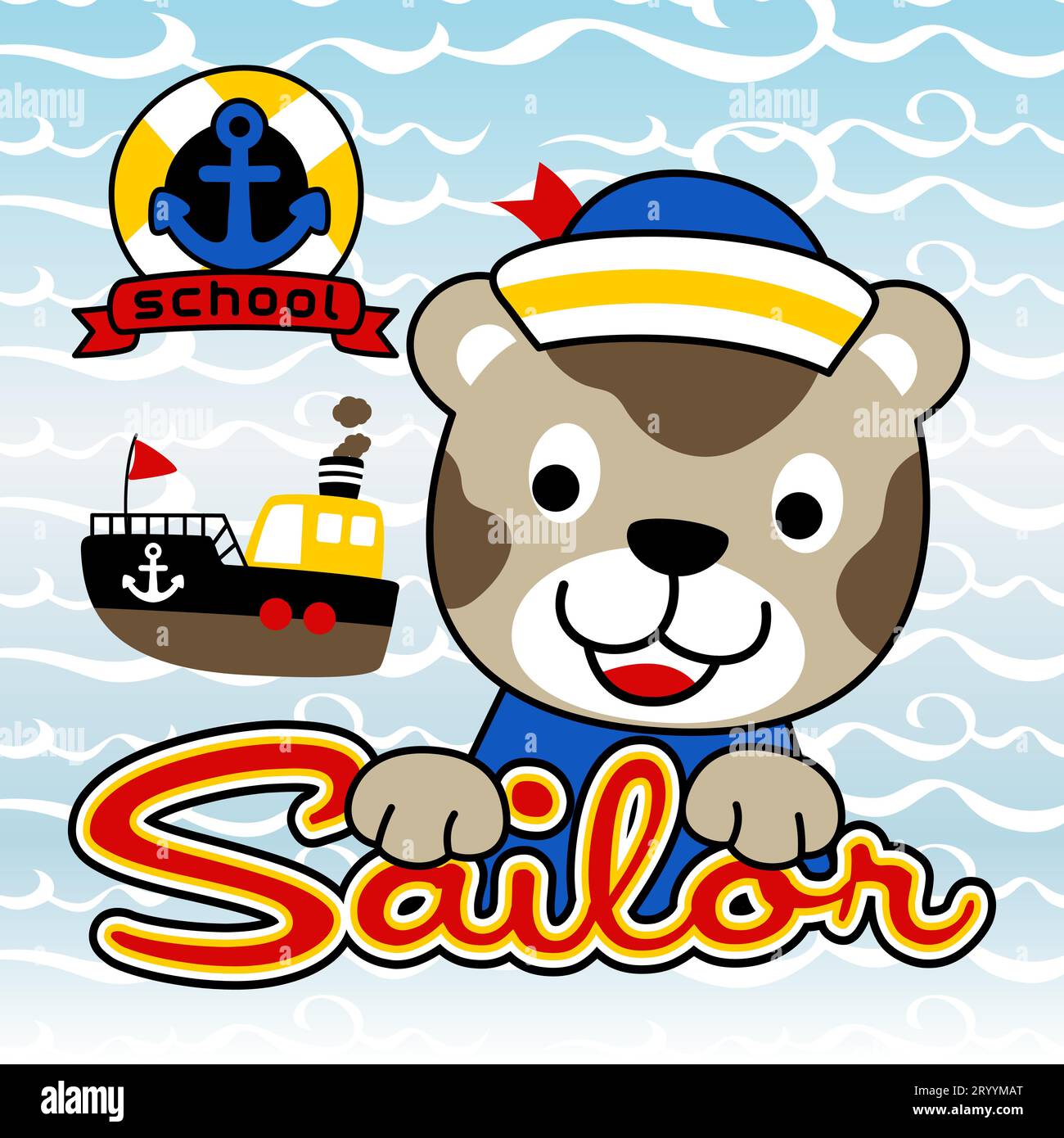 Funny cat in sailor costume, sailing elements , vector cartoon ...