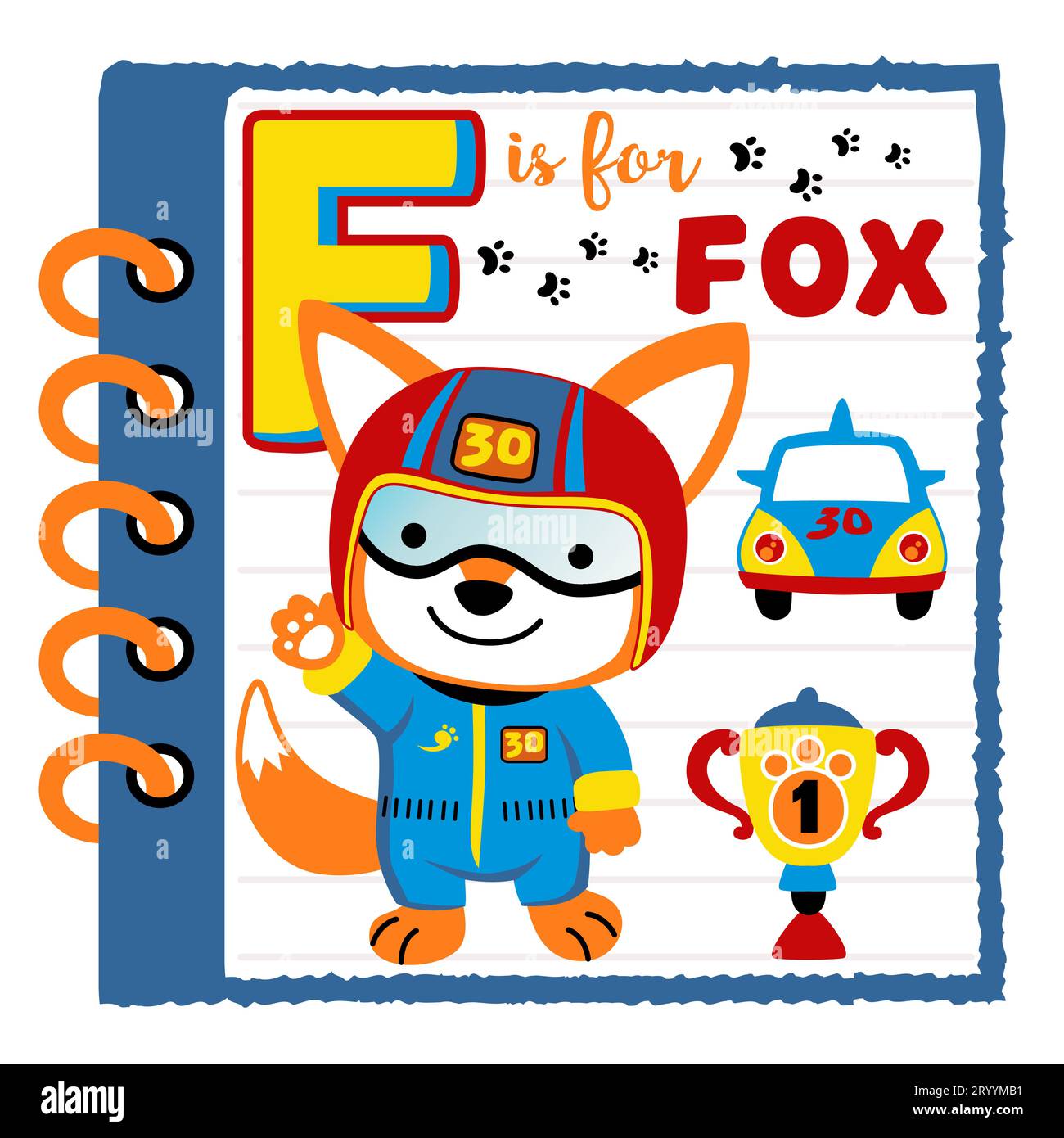 Cute fox in racer costume, car racing elements in notebook frame ...