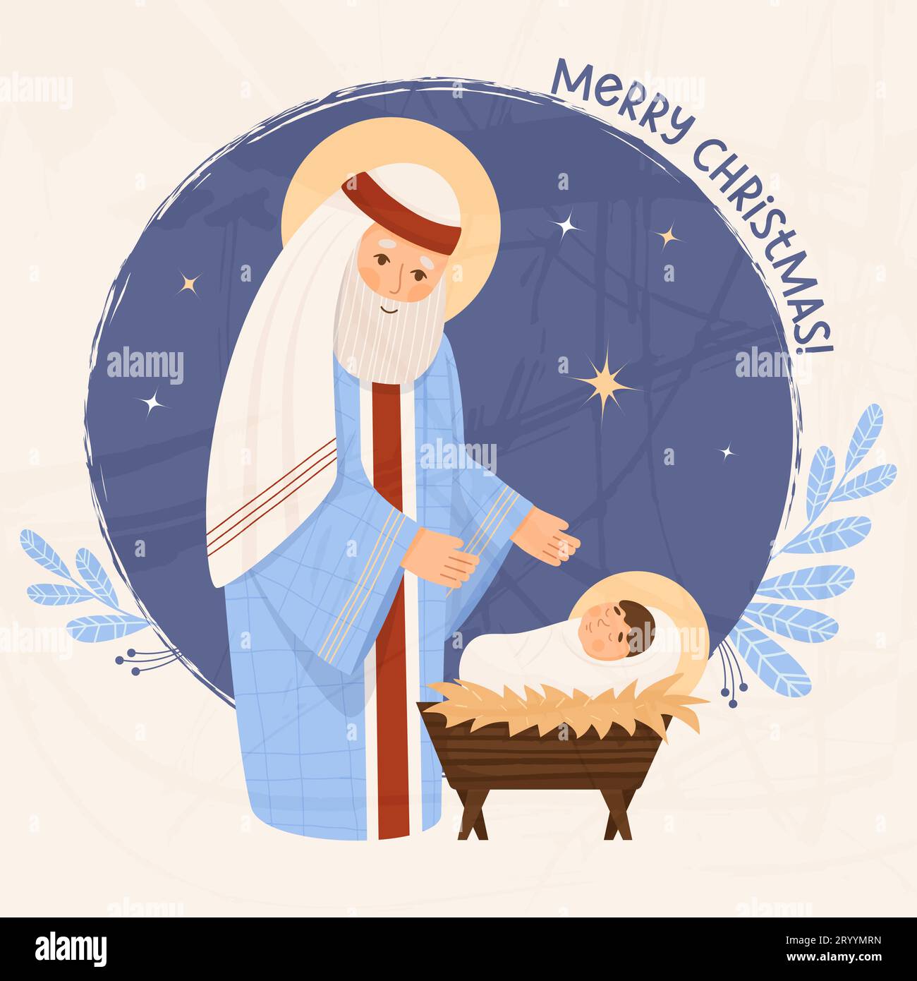 Merry Christmas retro card. old man Saint Joseph with baby Jesus Christ ...