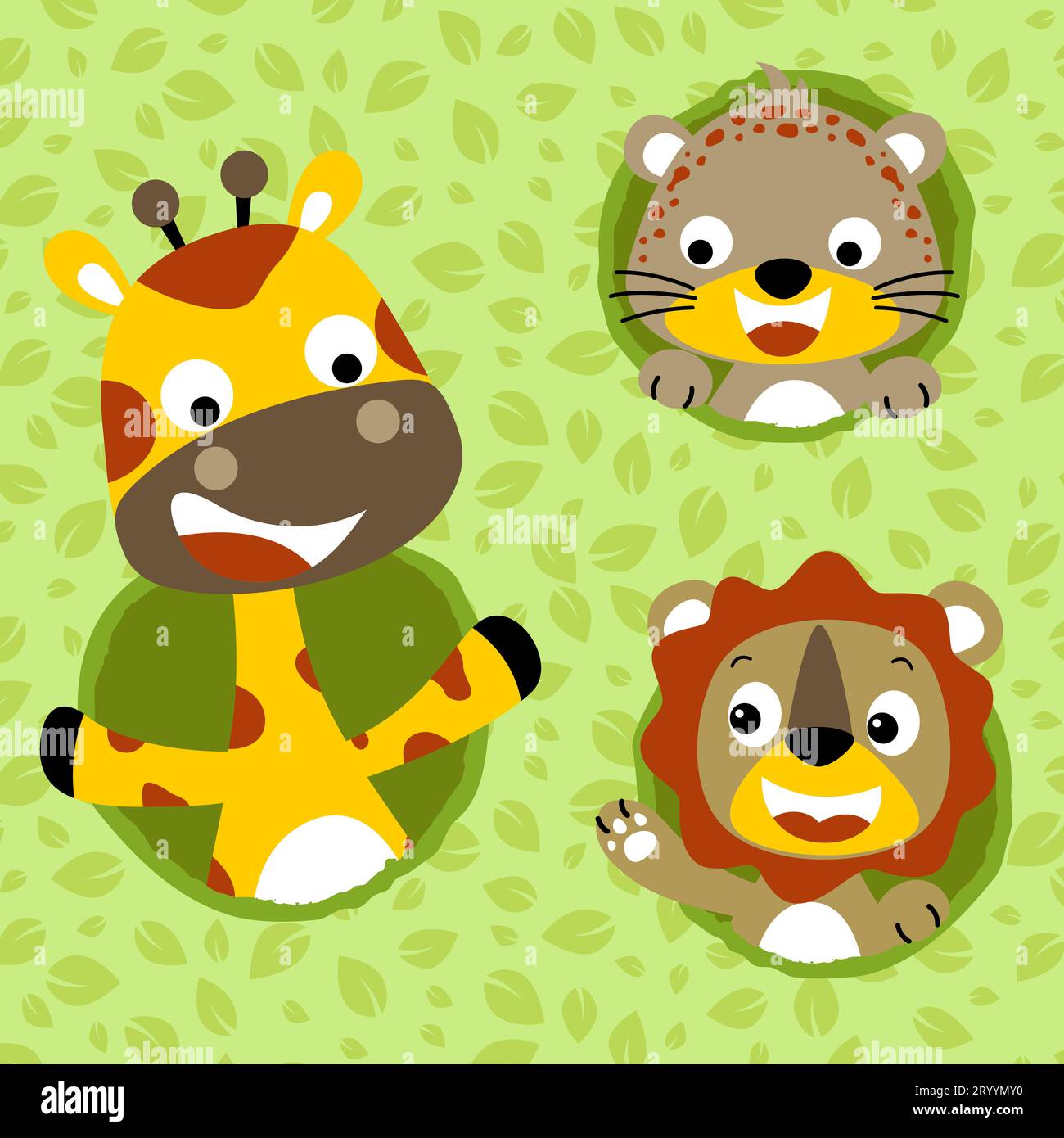 Cute smiling animals on leaves background, vector cartoon illustration ...