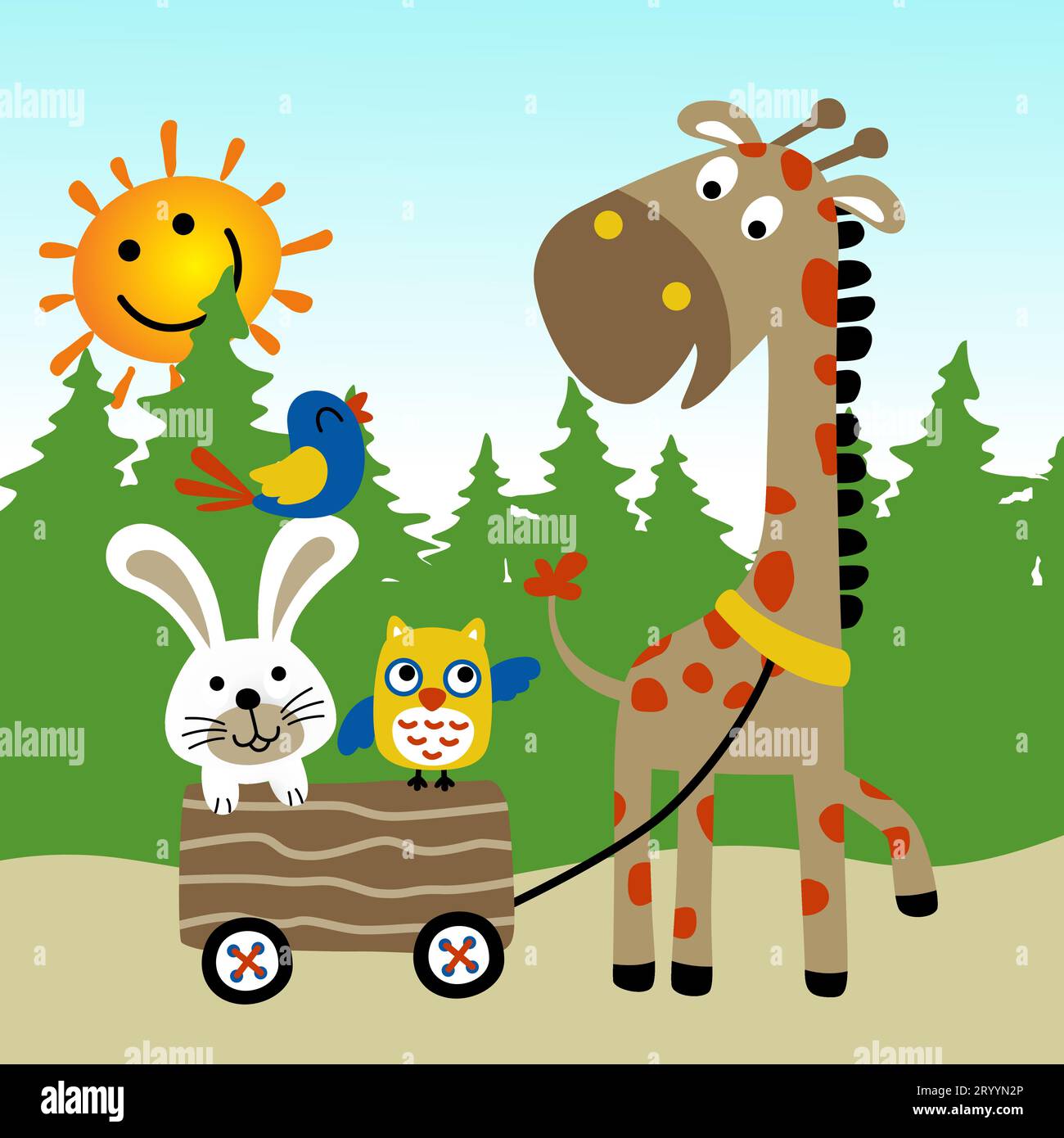 Cute giraffe pulling rabbit and birds with a small wagon, smiling sun ...