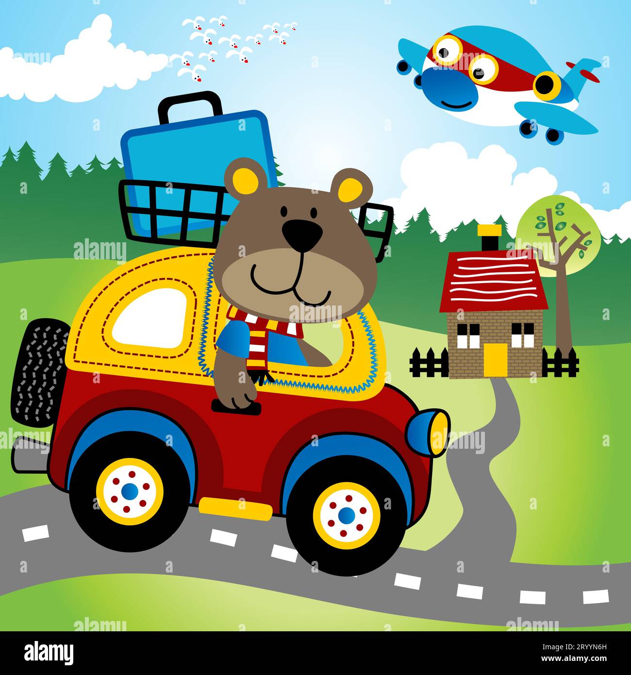Cute bear driving car within homecoming trip on rural scene background ...