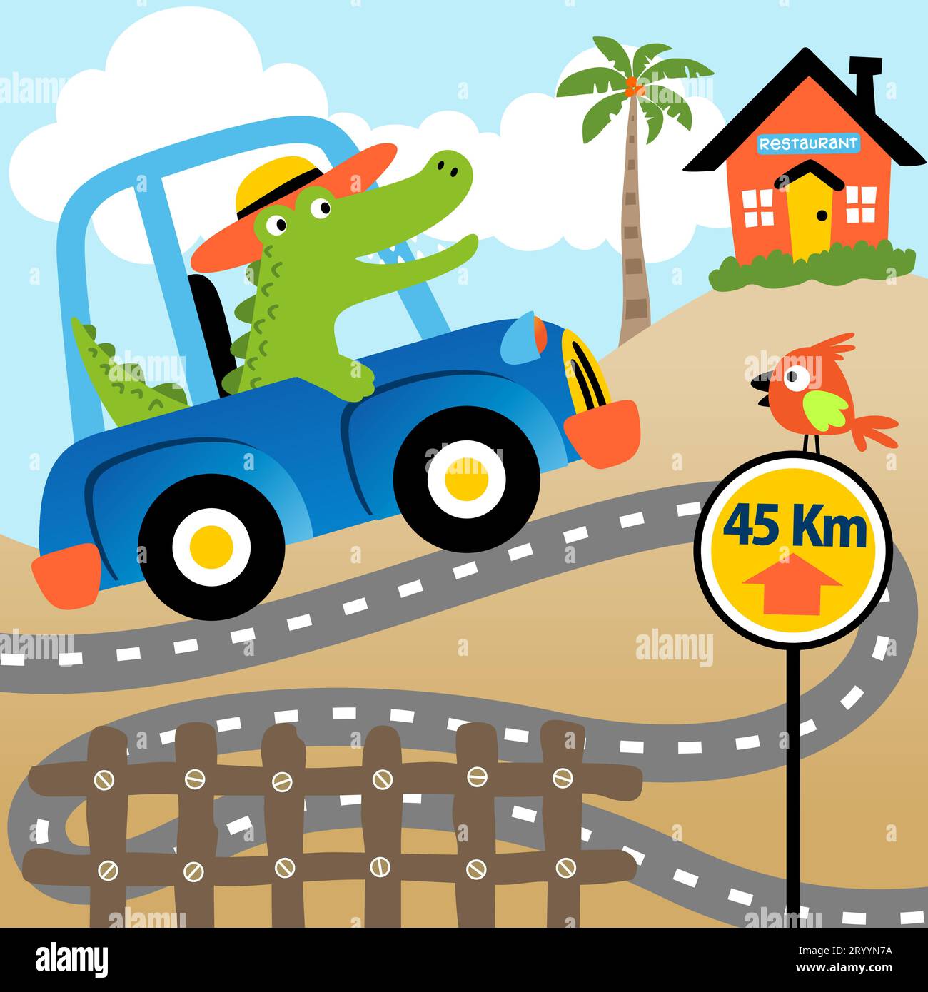 Cute crocodile driving car on rural scene background, little bird ...