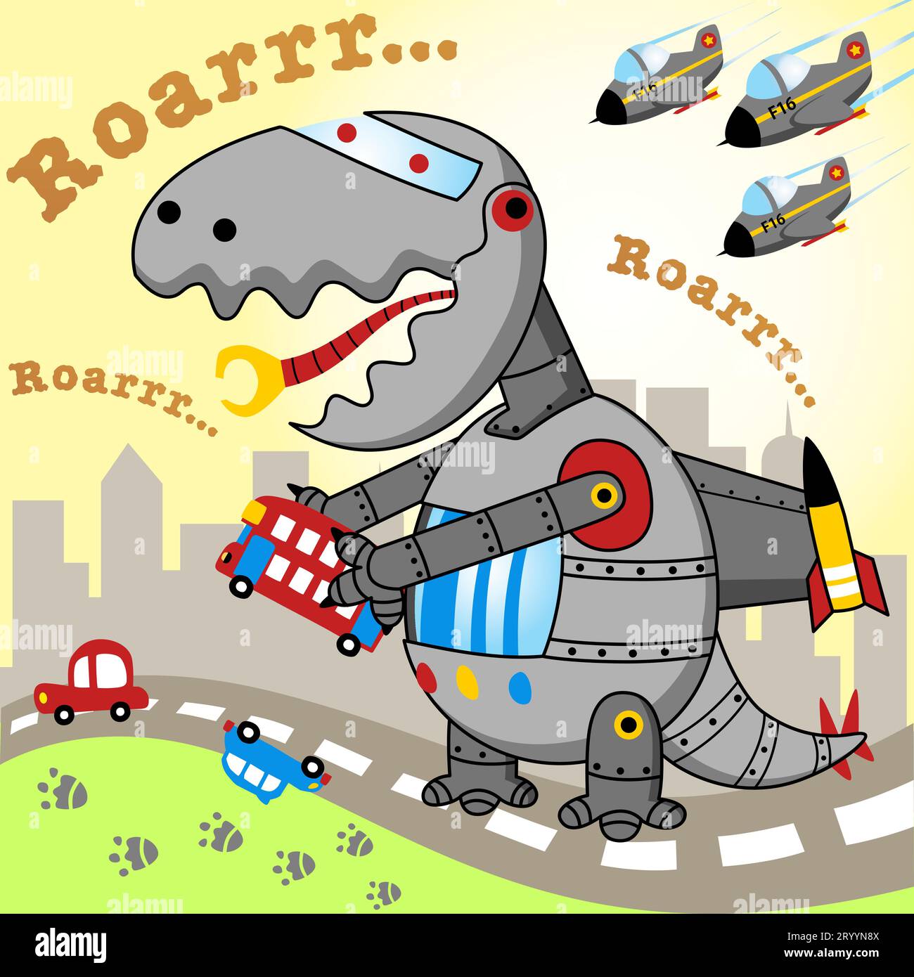 Giant monster robot attack city, rampaging in the road, fighter jet ...