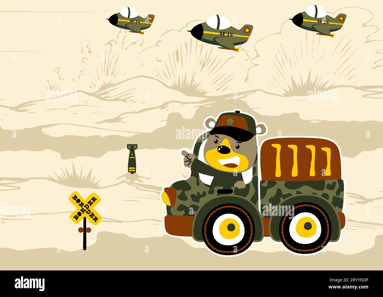 Cute bear on military truck with fighter jet in battlefield, vector ...