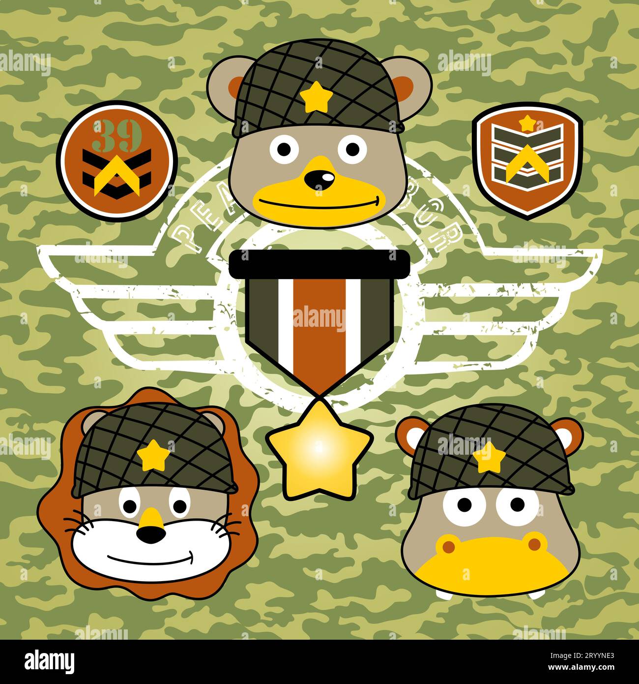 Funny animals soldiers with military logo on camouflage background ...