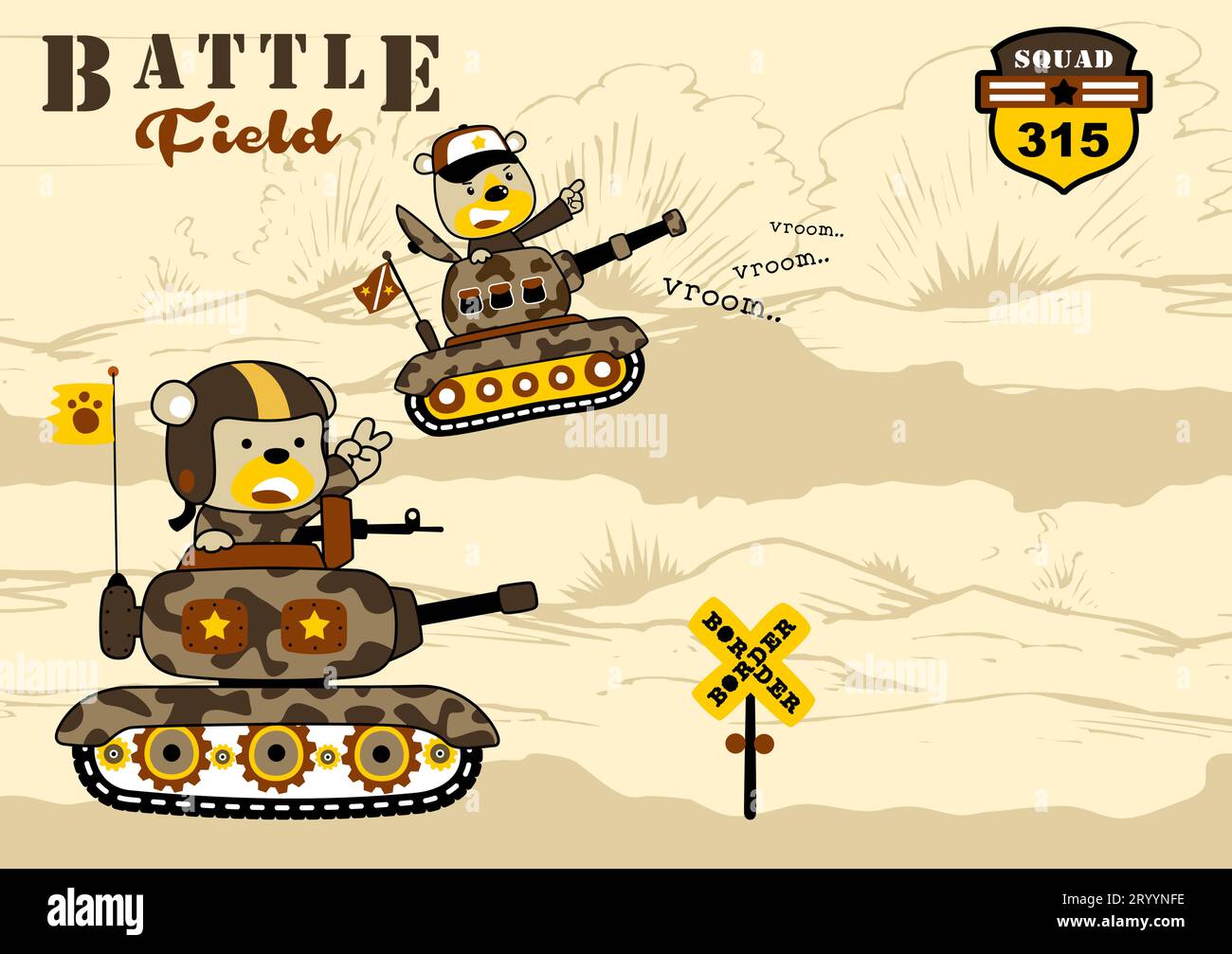 Funny bear on armored vehicle in battlefield, military logo, vector ...