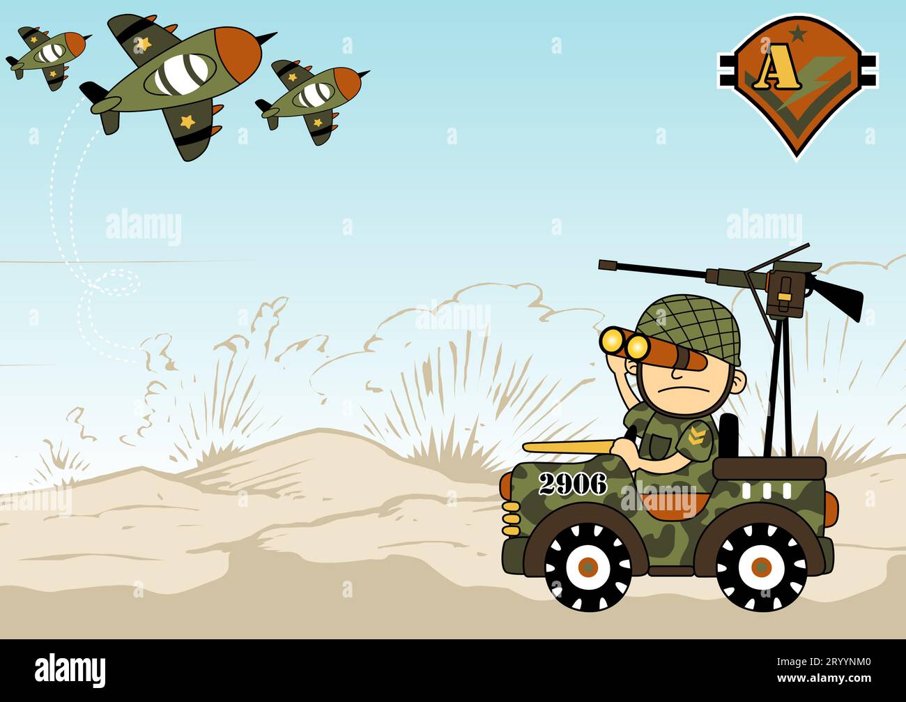 A soldier driving military car with fighter jet within battlefield ...