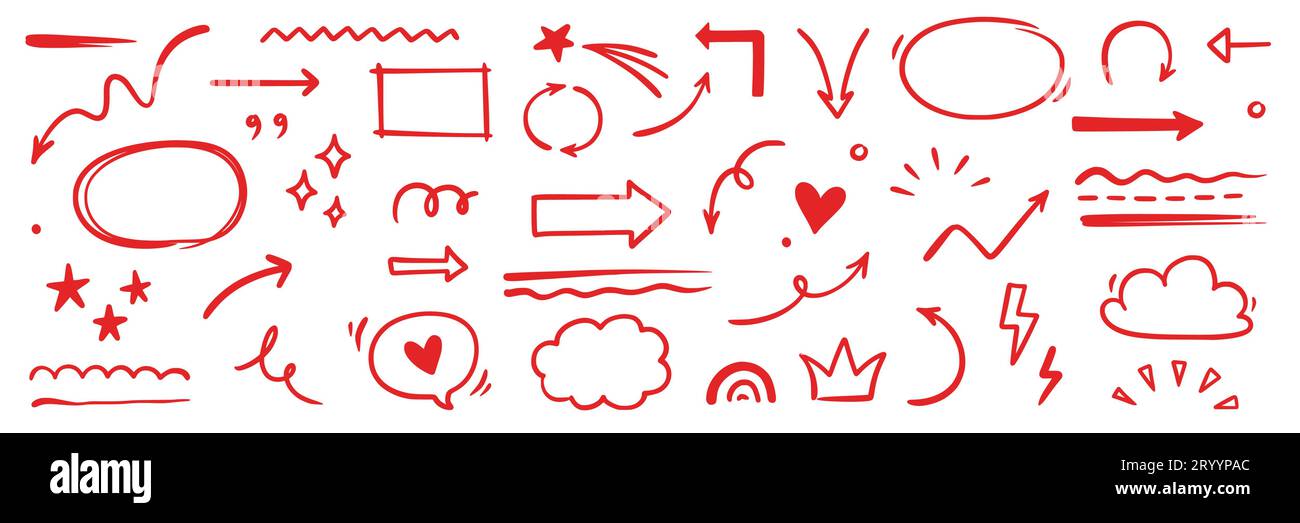 Hand drawn red line star sparkle, emphasis, underline element set. Hand ...