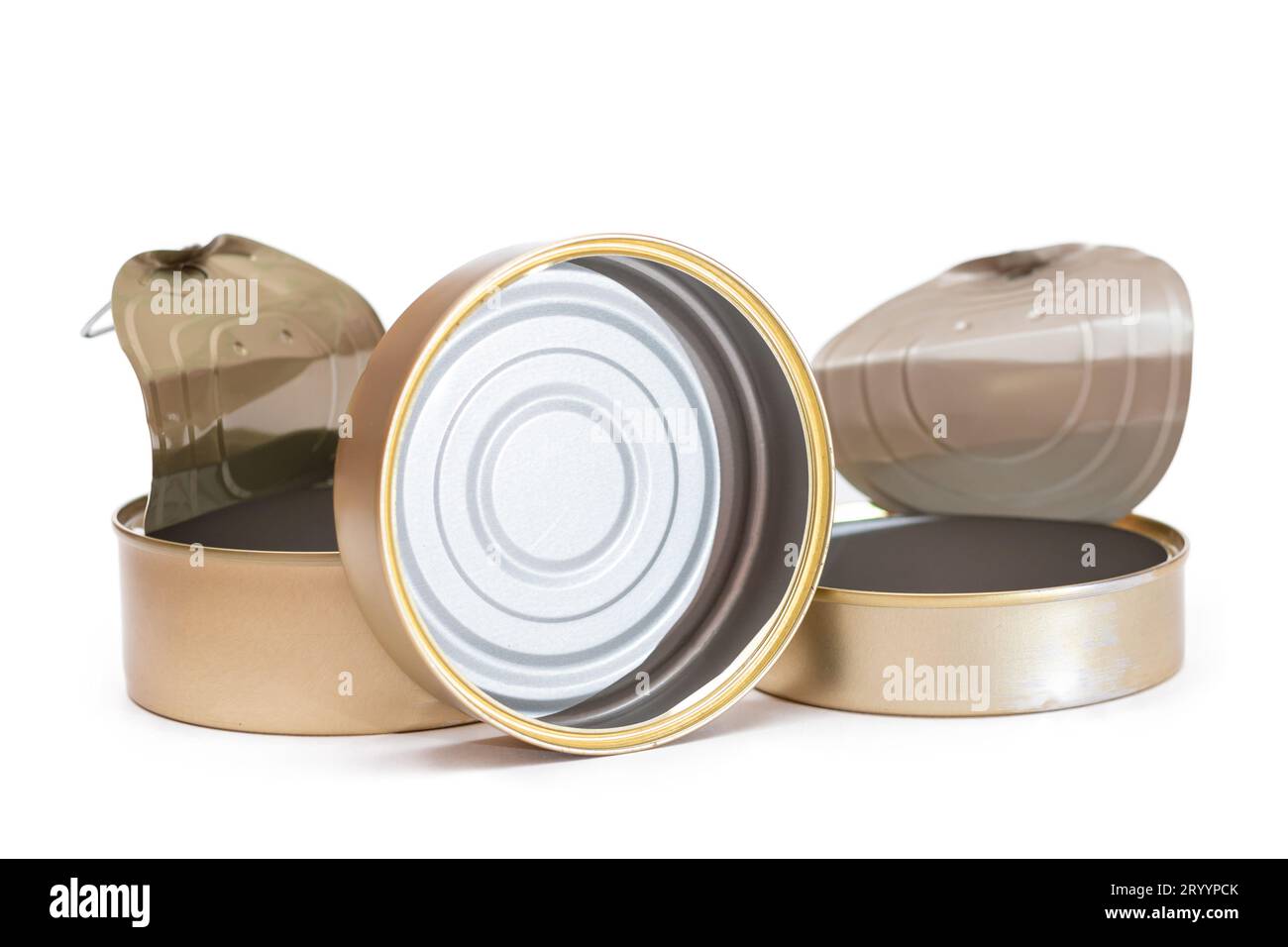 Three Opened Empty Tin Cans Isolated on White Background. Clean Used ...