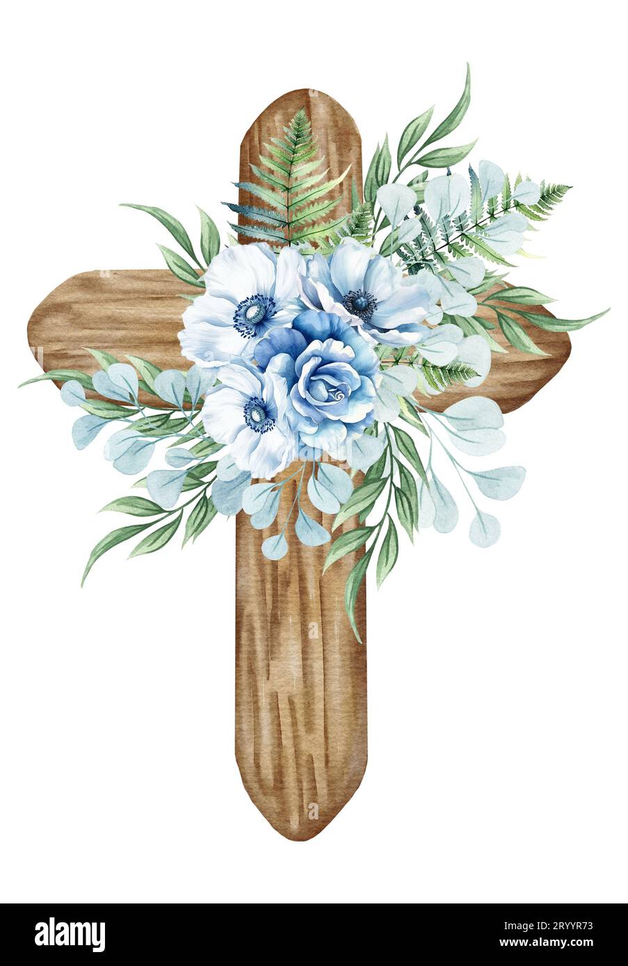 Floral cross. Wooden cross with blue flowers, fern, eucalyptus twigs ...