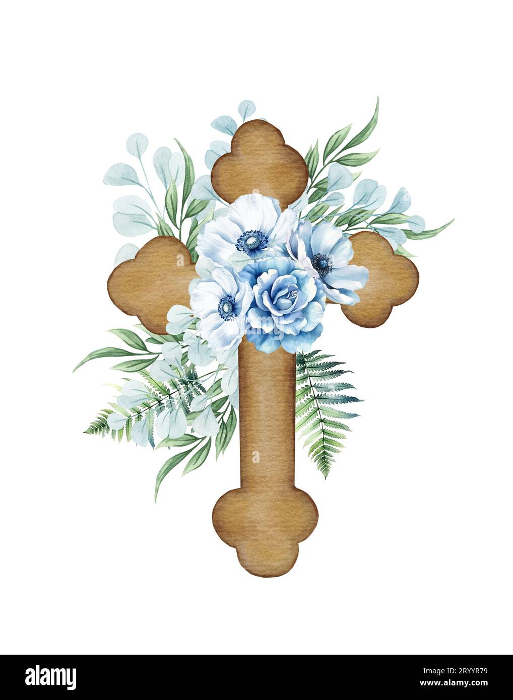 Floral cross. Wooden cross with blue flowers, fern, eucalyptus twigs ...