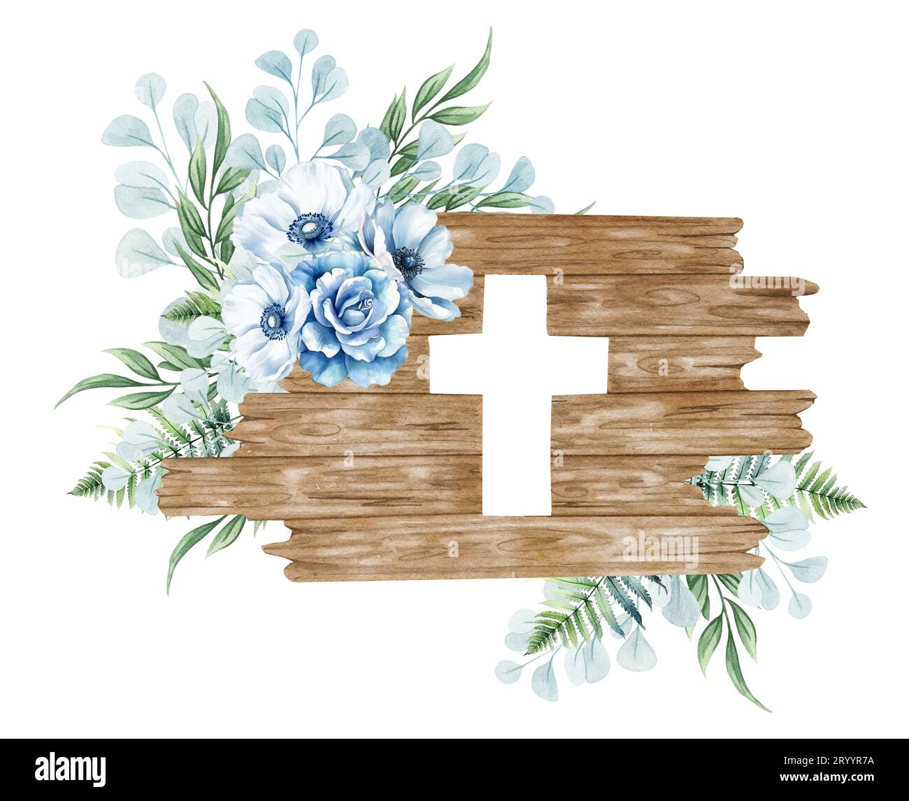 Floral cross. Wooden cross with blue flowers, fern, eucalyptus twigs ...