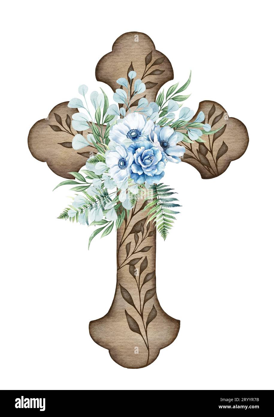 Floral cross. Wooden cross with blue flowers, fern, eucalyptus twigs ...