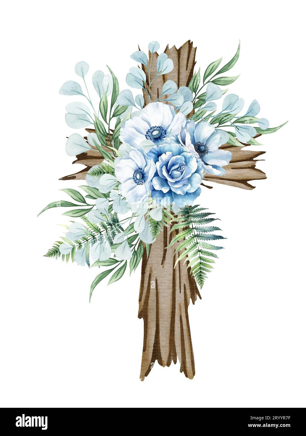 Floral cross. Wooden cross with blue flowers, fern, eucalyptus twigs ...