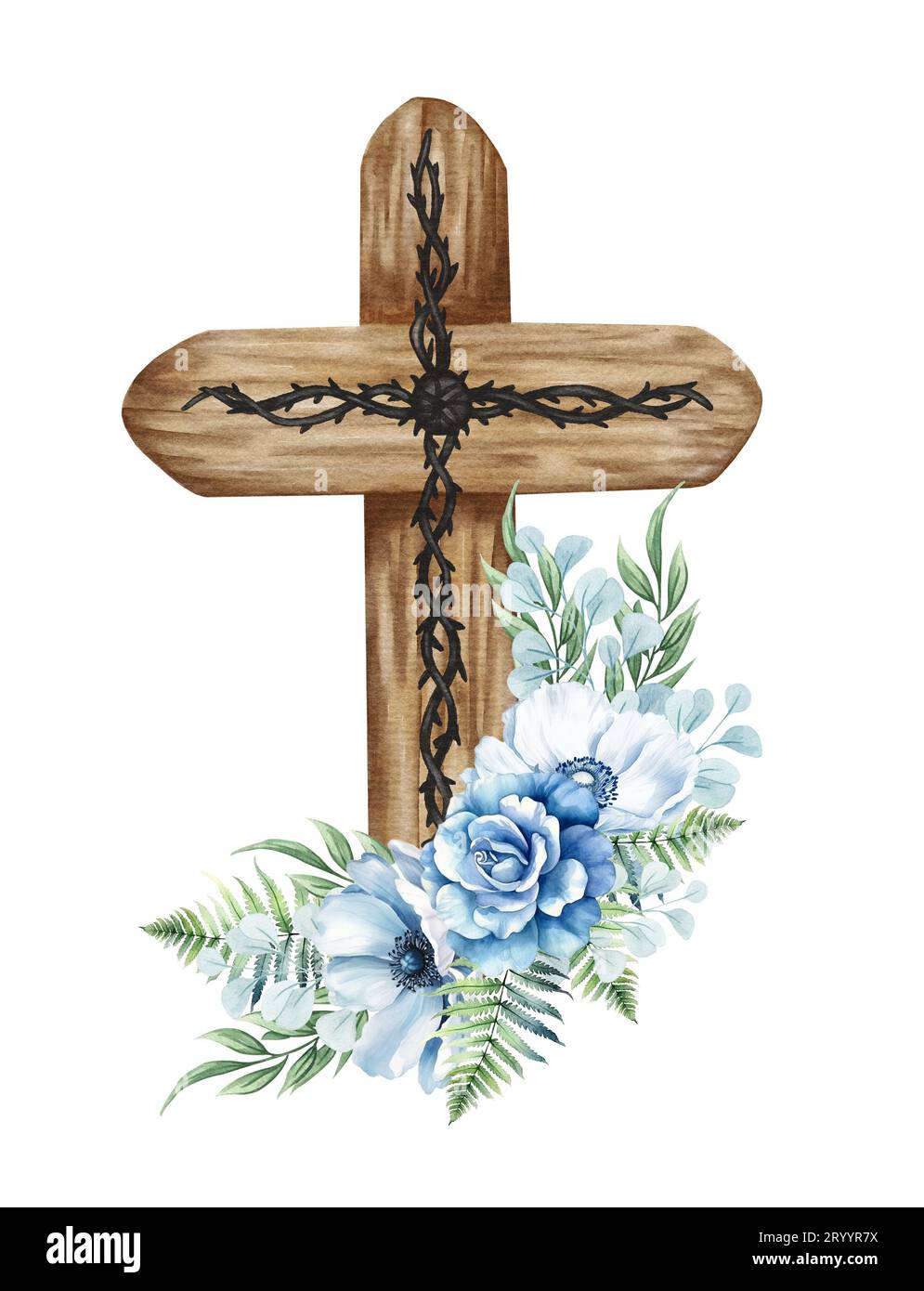 Floral cross. Wooden cross with blue flowers, fern, eucalyptus twigs ...