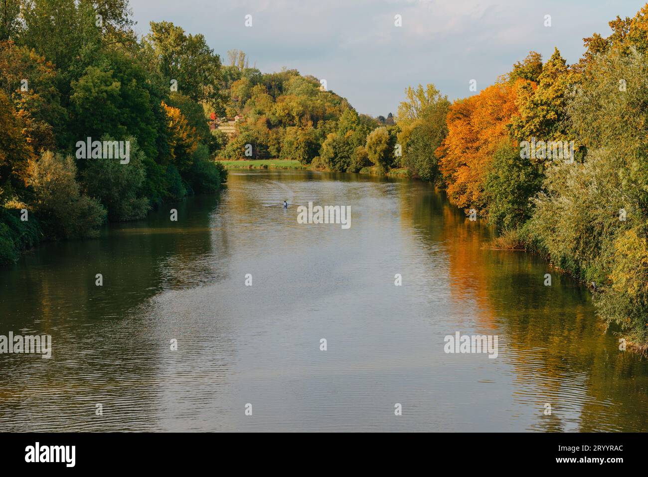 Aerial drone bird's eye view of sport canoe operated by 2 young men in ...