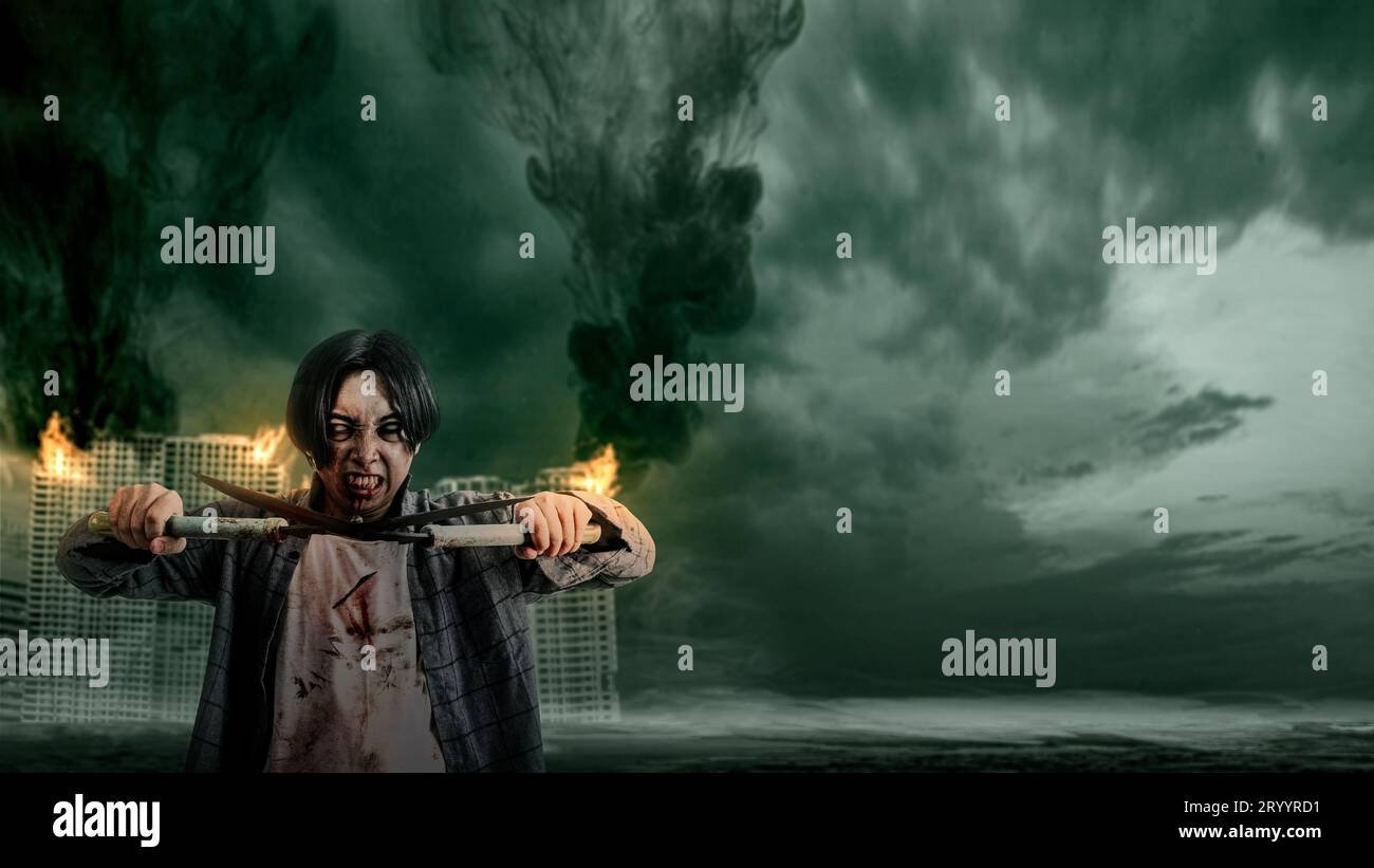 A scary zombie with blood and wounds on his body is walking while ...